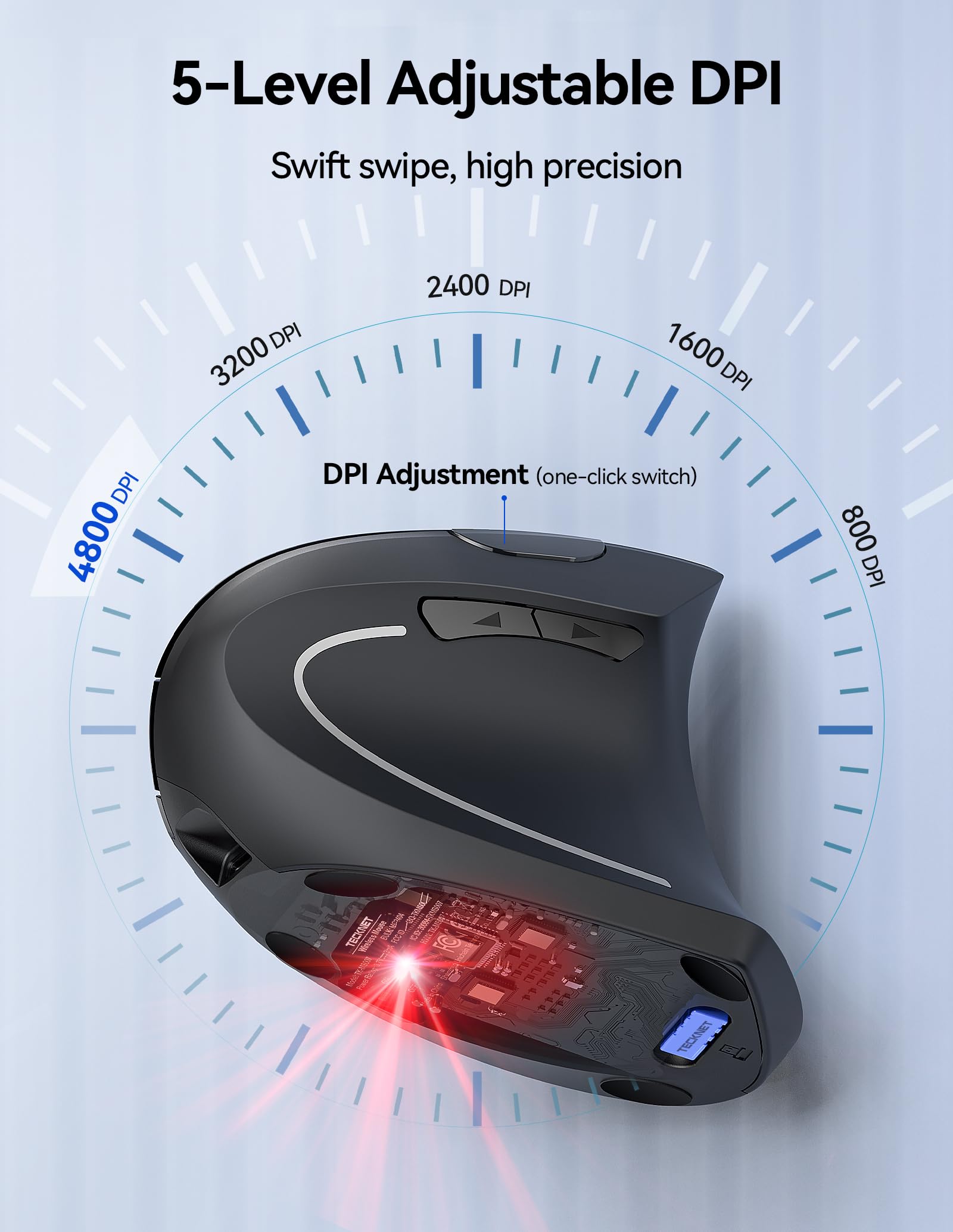 TECKNET Ergonomic Mouse, Rechargeable Vertical Ergo Mouse Wireless, Silent 2.4GHz 6 Buttons Optical Carpal Tunnel Mouse, 5 Adjustment Levels, Up to 4800DPI Wireless Mouse for Laptop, Desktop, PC