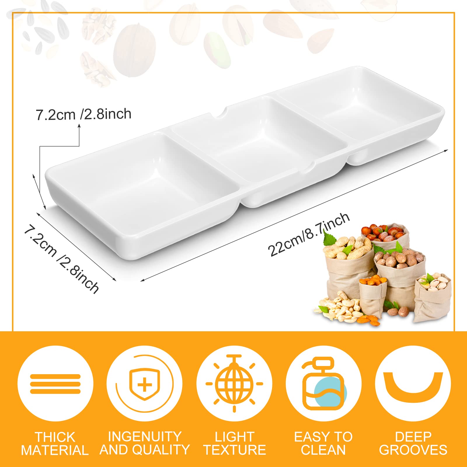 24 Pcs 8.7 x 2.8 Inch 3 Compartment Appetizer Serving Tray Plastic 3 Section Dessert Platters Rectangular Divided Plate White Compartment Serving Dishes Dipping Sauces Dinner Buffet Restaurant Kitchen