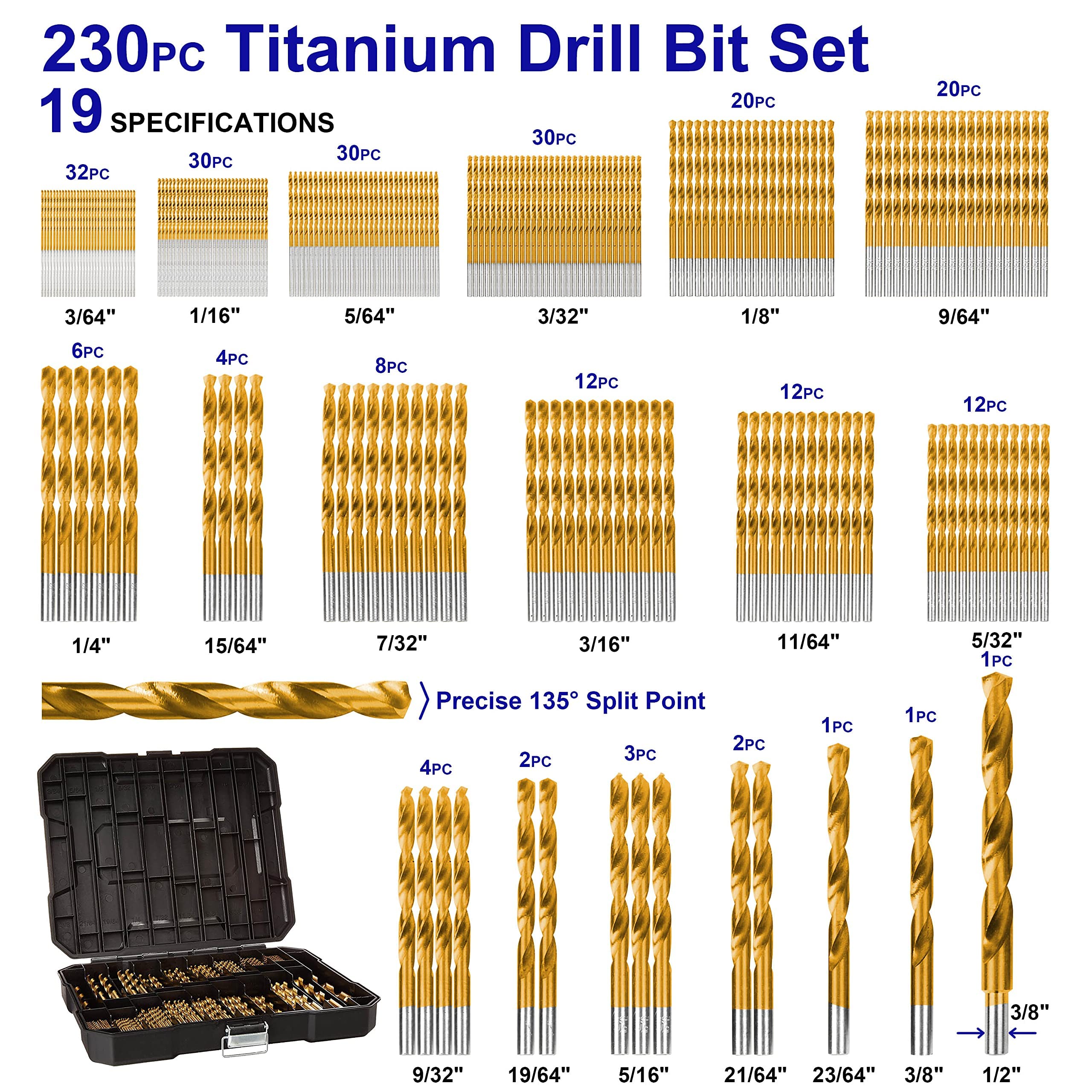 230 Pieces Titanium Twist Drill Bit Set, 135° Tip High Speed Steel, Size from 3/64" up to 1/2", Ideal Drilling in Wood/Cast Iron/Aluminum Alloy/Plastic/Fiberglass, with Hard Storage