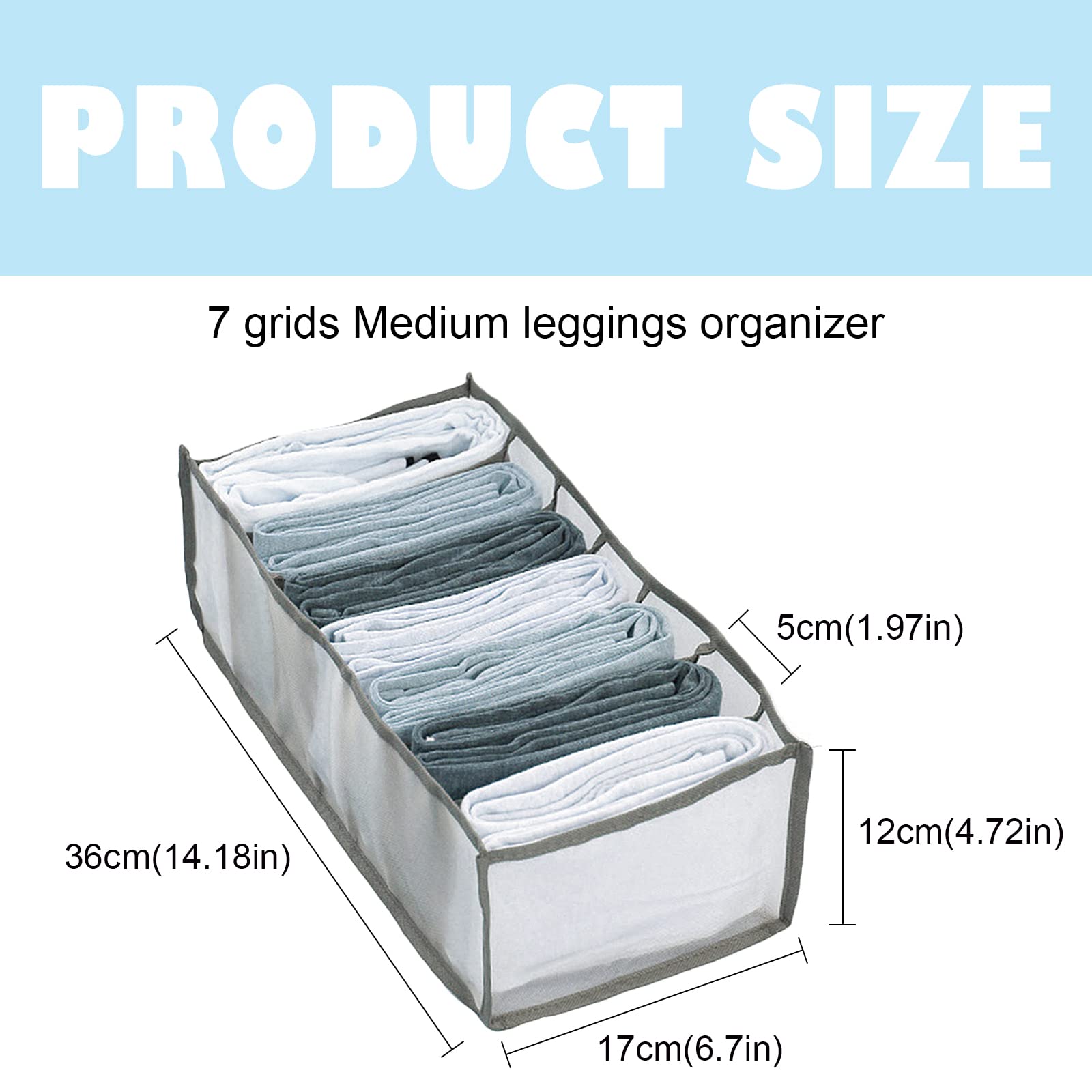 ANCOKKI Wardrobe Clothes Organizer, 7 Grids Visible Clothes Organizer drawers for Jeans, Leggings, T-Shirt, Skirt, Compartment Storage Box 2 Pack (Leggings Grid 2 Pack, Grey)