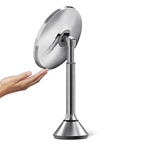 simplehuman 8" Round Sensor Tabletop Mount Makeup Mirror with Touch-Control Dual Light Settings, 5x Magnification, Rechargeable and Cordless, Brushed Stainless Steel