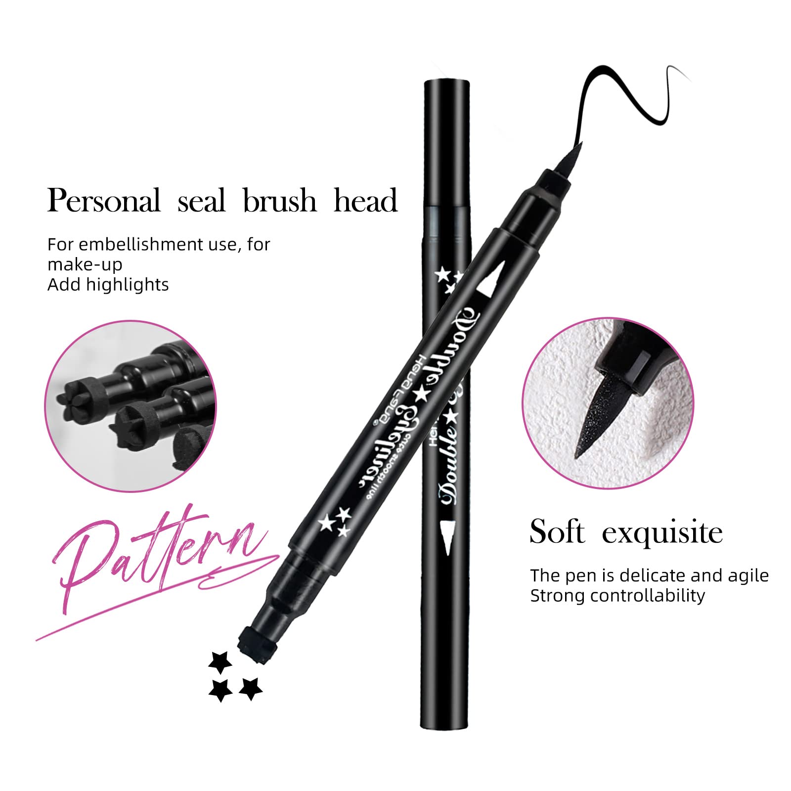 LAMUSELAND Eyeliner Stamp Wingliner, Waterproof Smudgeproof Liquid Eye Liner Gel Pen Set, Long Lasting Heart Black Thin Double Ended Pencil Makeup Tools for Women (A Star)