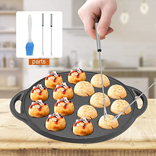 15 Hole Cast Iron Takoyaki Pan, Heavy Duty NonStick Cooking Plate 1.5" Half Sphere Octopus Ball Maker for Baking Cooking