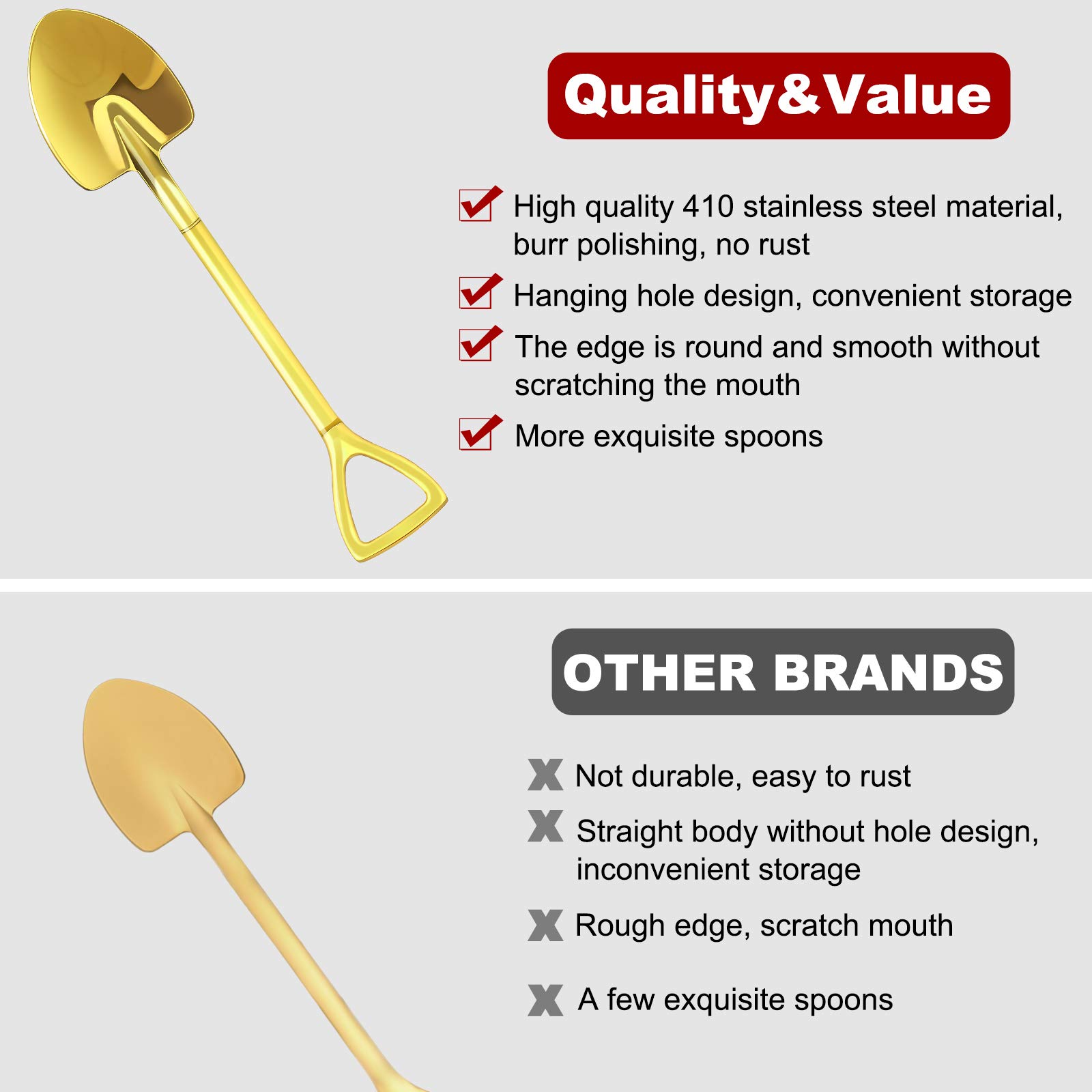 8 Pieces Gold Shovel Shape Spoons Stainless Steel Shovel Shape Coffee Ice Cream Dessert Spoons for Home and Party