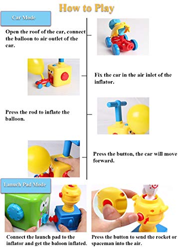 NEXTAKE Balloon Powered Car Inertial Power Vhicle Balloon Power Racer Launcher Rocket Spaceman Educational Scientific Experiment Toy Vehicle Toy for Kids with 12 Balloons (with Yellow Launch Pad)
