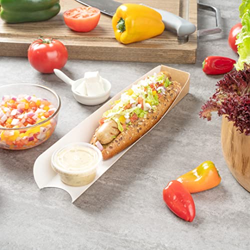 Restaurantware Bio Tek 11.8 x 2 x 1.3 Inch Hot Dog Trays 200 Open-Design Hot Dog Containers - Greaseproof Recyclable Kraft Paper Hot Dog Serving Trays