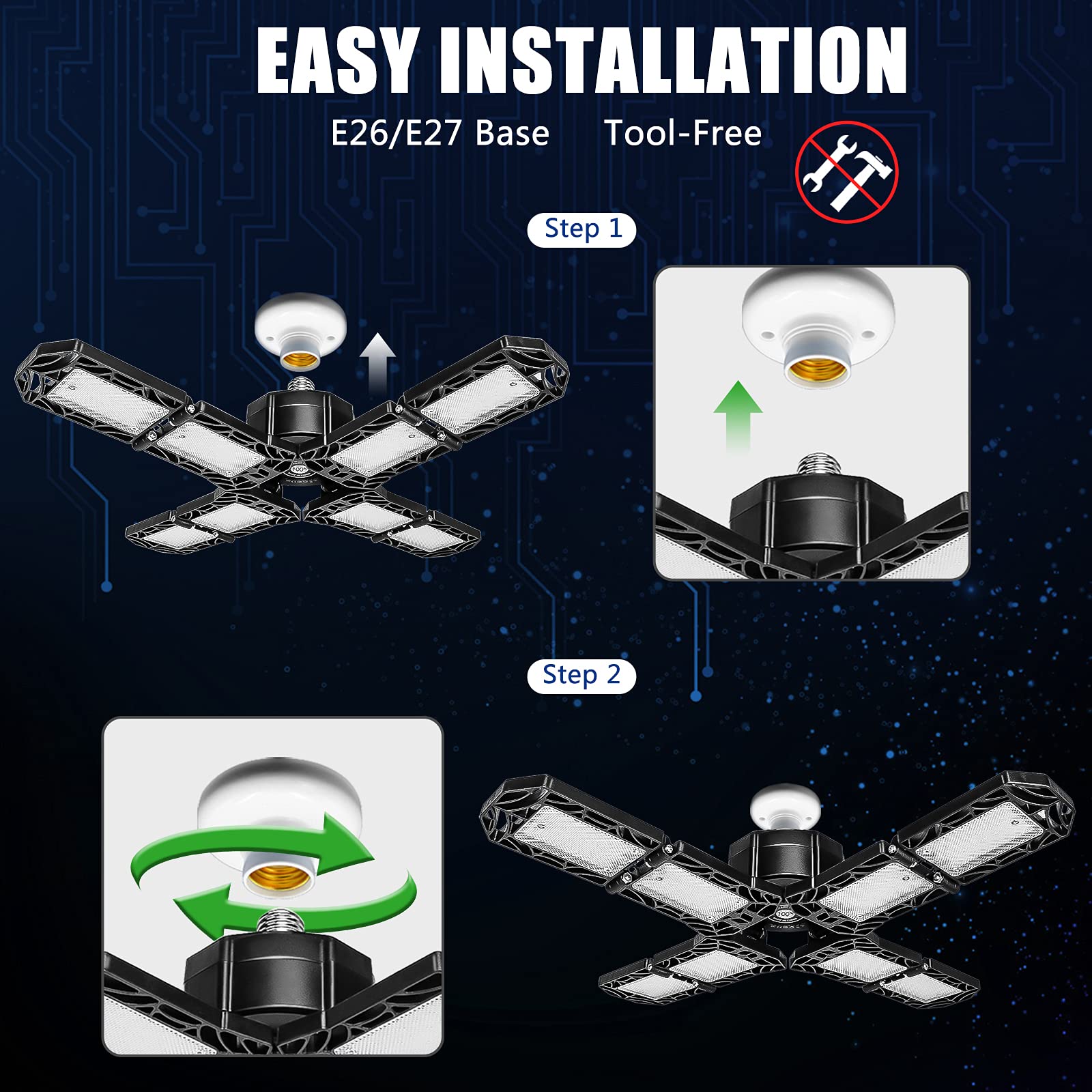 Garage Led Lights 2 Pack, 100W Super Bright LED Garage Lighting, 15000LM, 6500K LED Garage Ceiling Lights with E26/E27 Base, Easy Installation, 8-Leaf Deformable Lights for Garage, Workshop, Warehouse