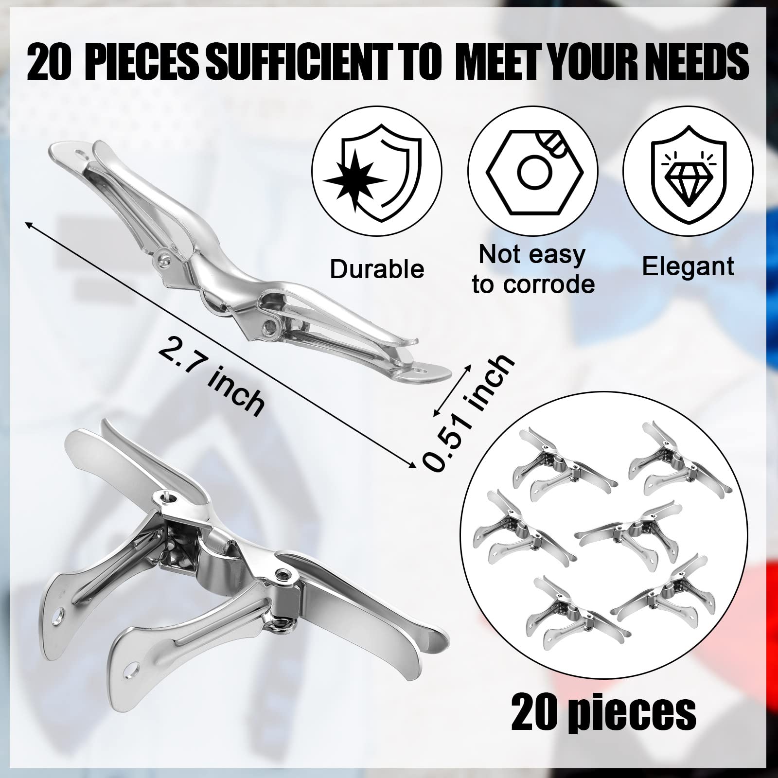 20 Pcs Bow Tie Clips Bow Tie Clip on Hardware Silver Bowtie Clip Bow Tie Fasteners for Men, 2.7 x 0.5 Inches