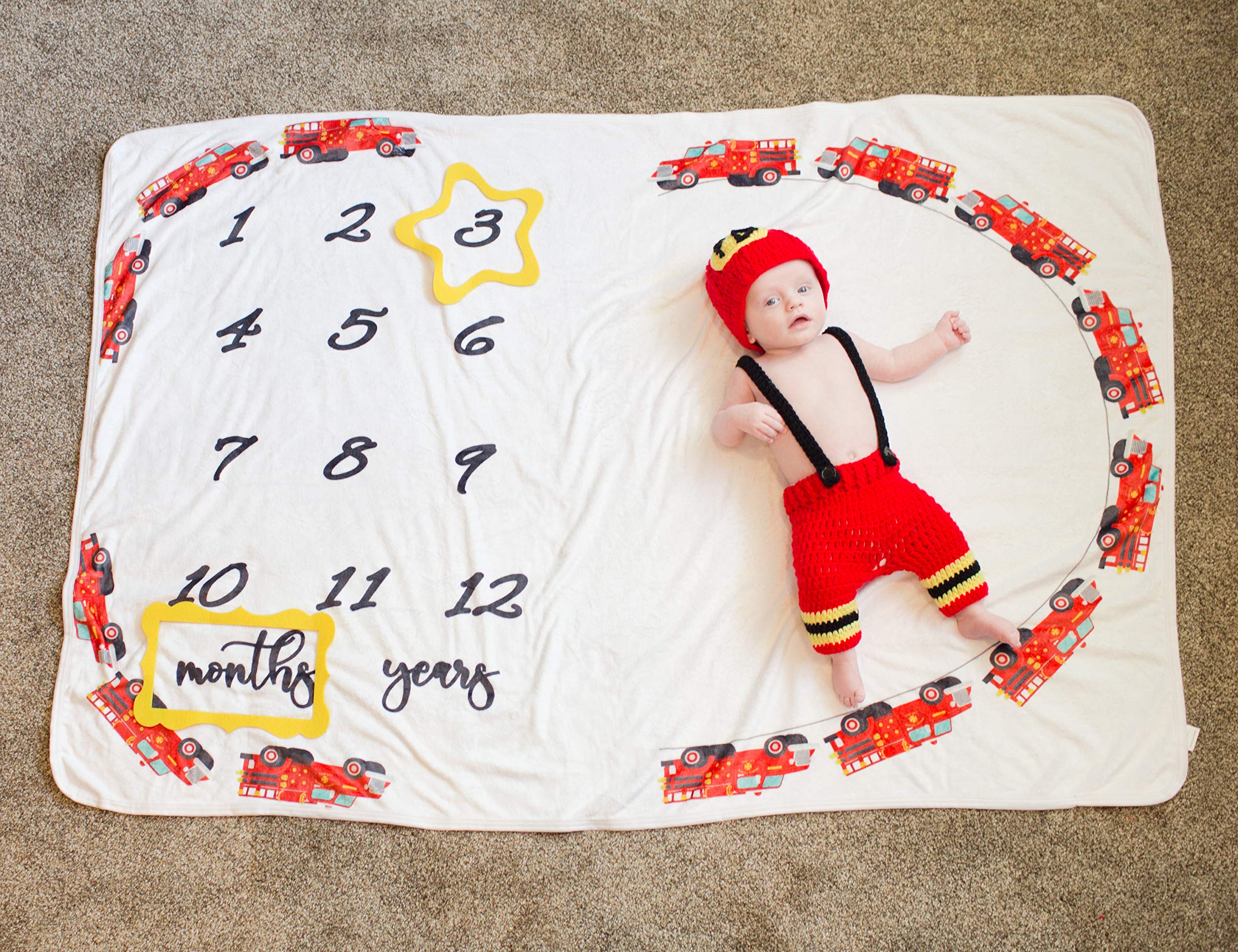 Baby Monthly Milestone Blanket boy | Free: Truck Costume + Star and Rectangular Felt Frames | Plush Extra Soft Fleece | Photography Backdrop Memory | Large 40" x 60" | Newborn