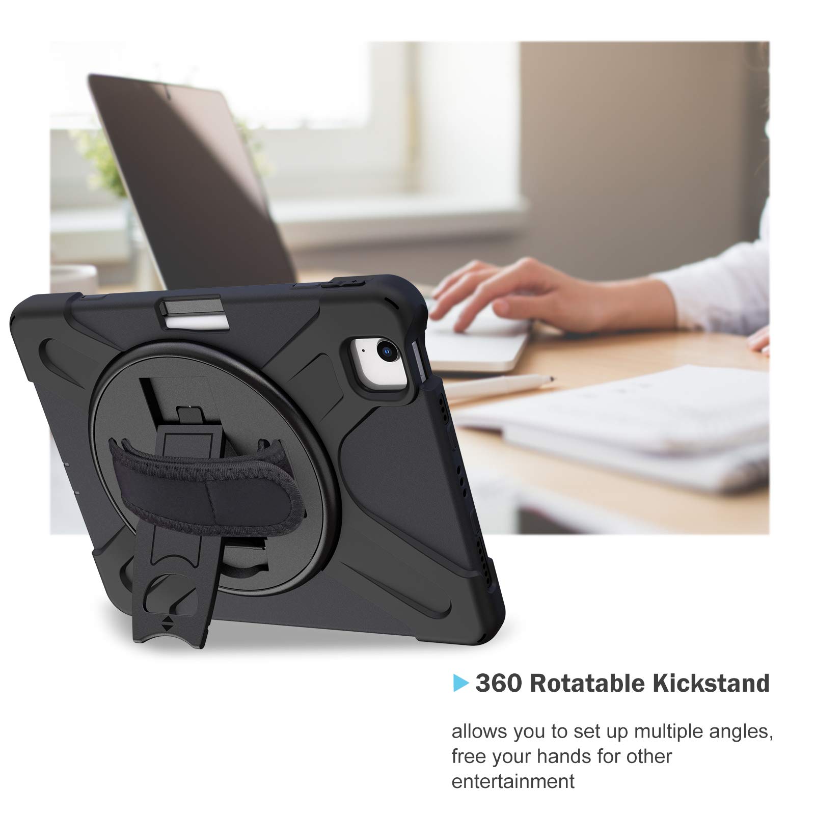 ProCase Rugged Case for iPad Air 11 inch (M2) 2024/ Air 5th / 4th Gen 10.9", Heavy Duty Shockproof Rotating Protective Cover for Air 11/5th Gen 2022 / 4th Gen 2020 -Black
