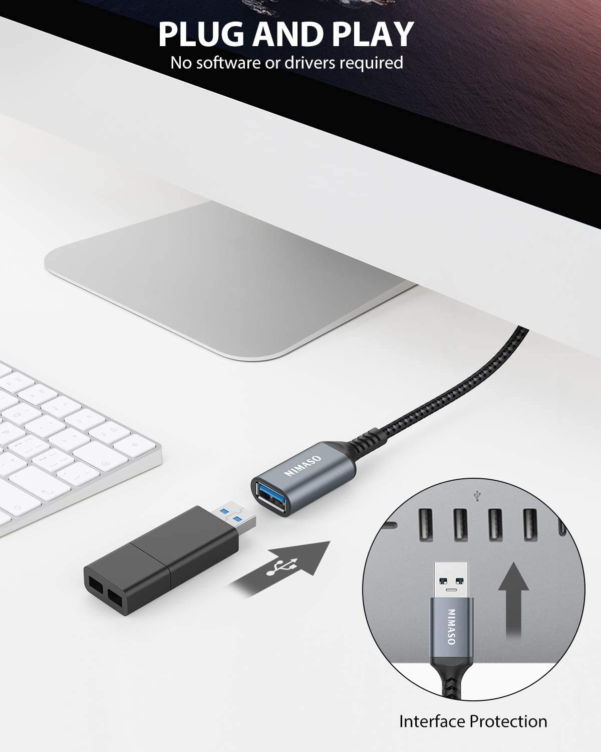 2 Pack 3.3FT + 6.6FT USB 3.0 Extension Cable, NIMASO USB A Male to Female Extension Cord Durable Material Fast Data Transfer Compatible with Printer, USB Keyboard, Flash Drive, Hard Drive, Playstation