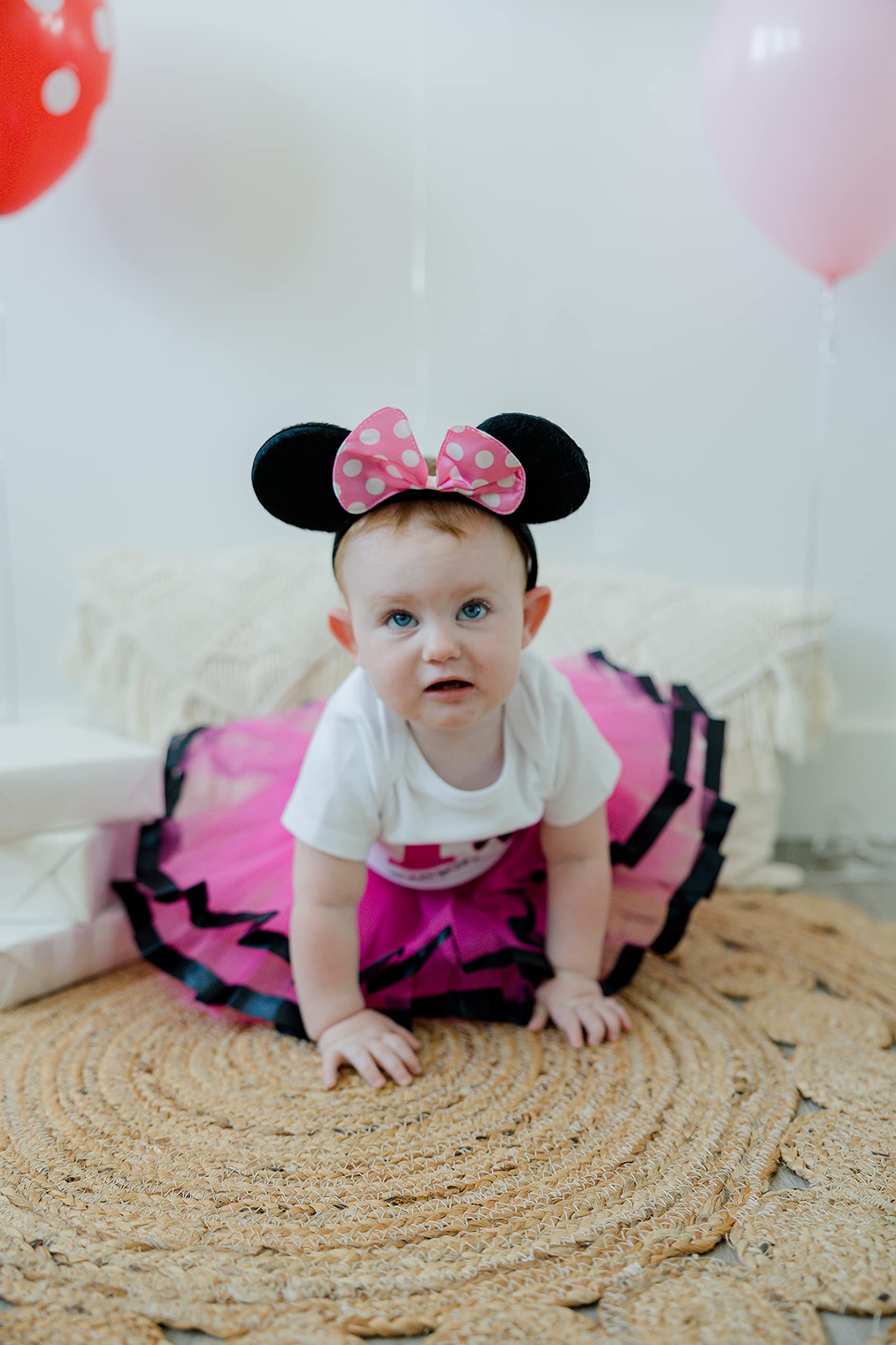 First Birthday Girl Outfit - Mouse Tutu Set (Pink and Black Tutu, 12M Short Sleeves)