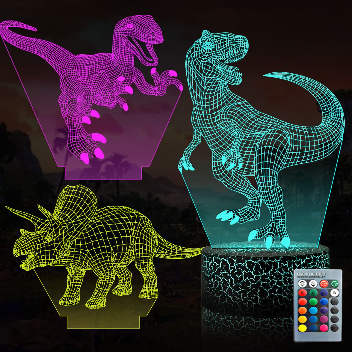 3D Dinosaur Led Night Light - Come with 3 Patterns Acrylic Plate,16 Colors Changing & Remote Control Dino 3D Illusion Lamp for Kids Room Decor