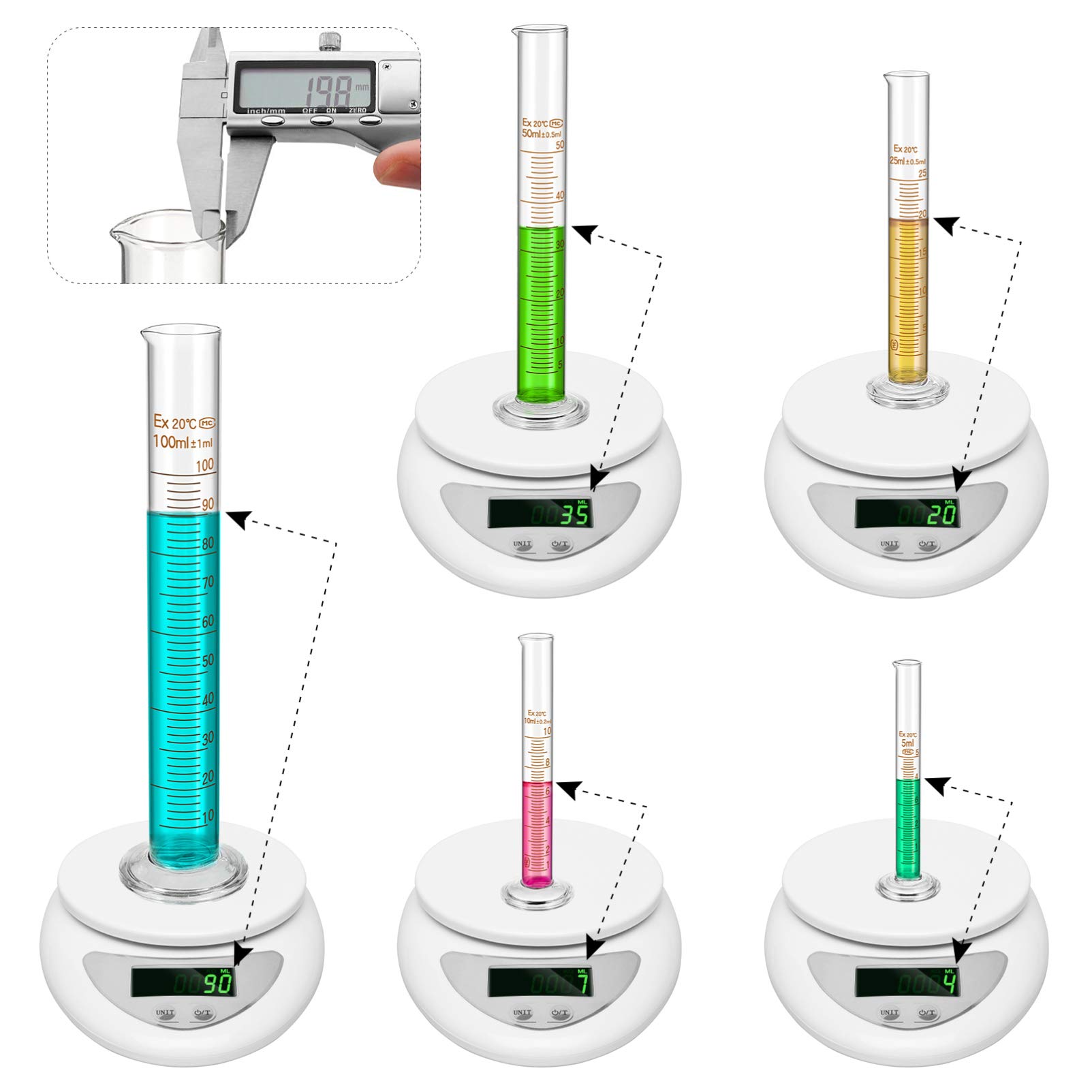 Glass Graduated Measuring Cylinders Set 5ml 10ml 25ml 100ml Thick Lab Cylinders 3 Droppers 2 1 Stirring Rod Cylinders Set