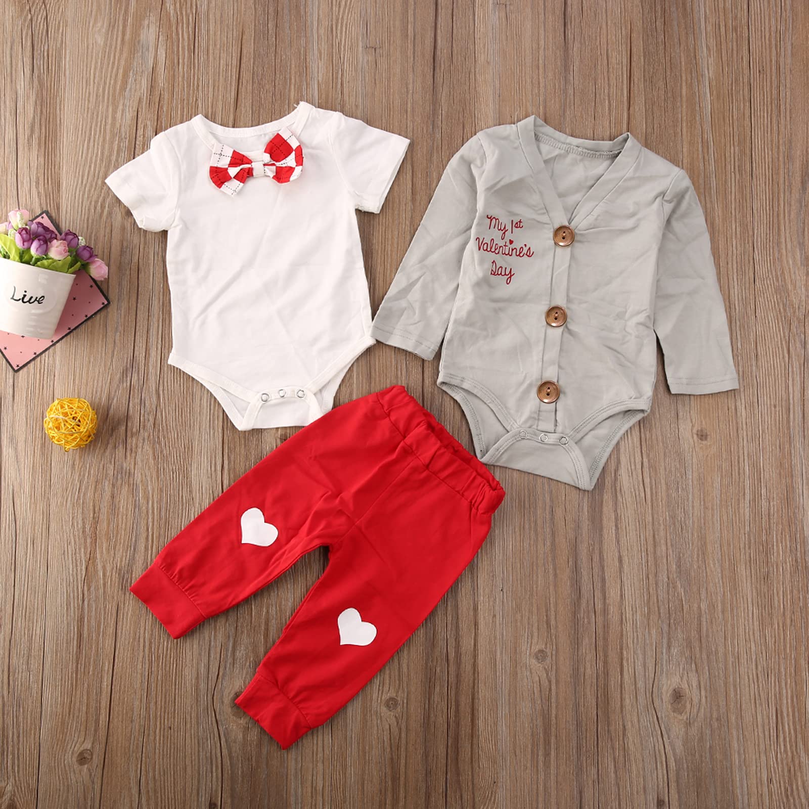 Bowanadacles Newborn infant baby boy clothes my 1st valentine day 3Pcs outfit long sleeve romper onesie heart pants (White+Gray+Red, 6-12 months)