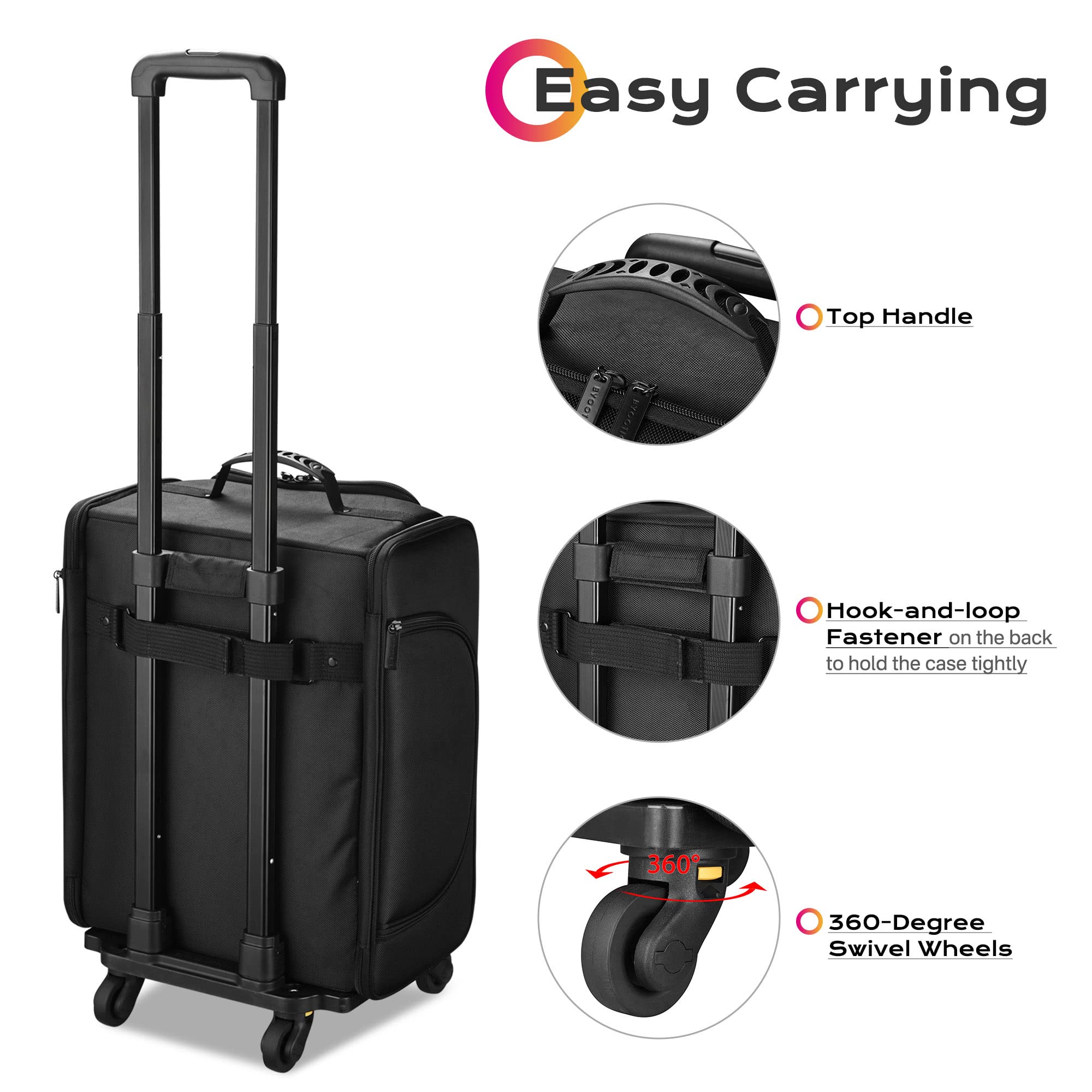 BYOOTIQUE Rolling Makeup Train Case Soft Sided Makeup Storage Cosmetic Organizer Carry on Travel Trolley Suitcase with Heat Isolation Side Pocket 6 Removable Bag for Makeup Artist Hairstylist, Black