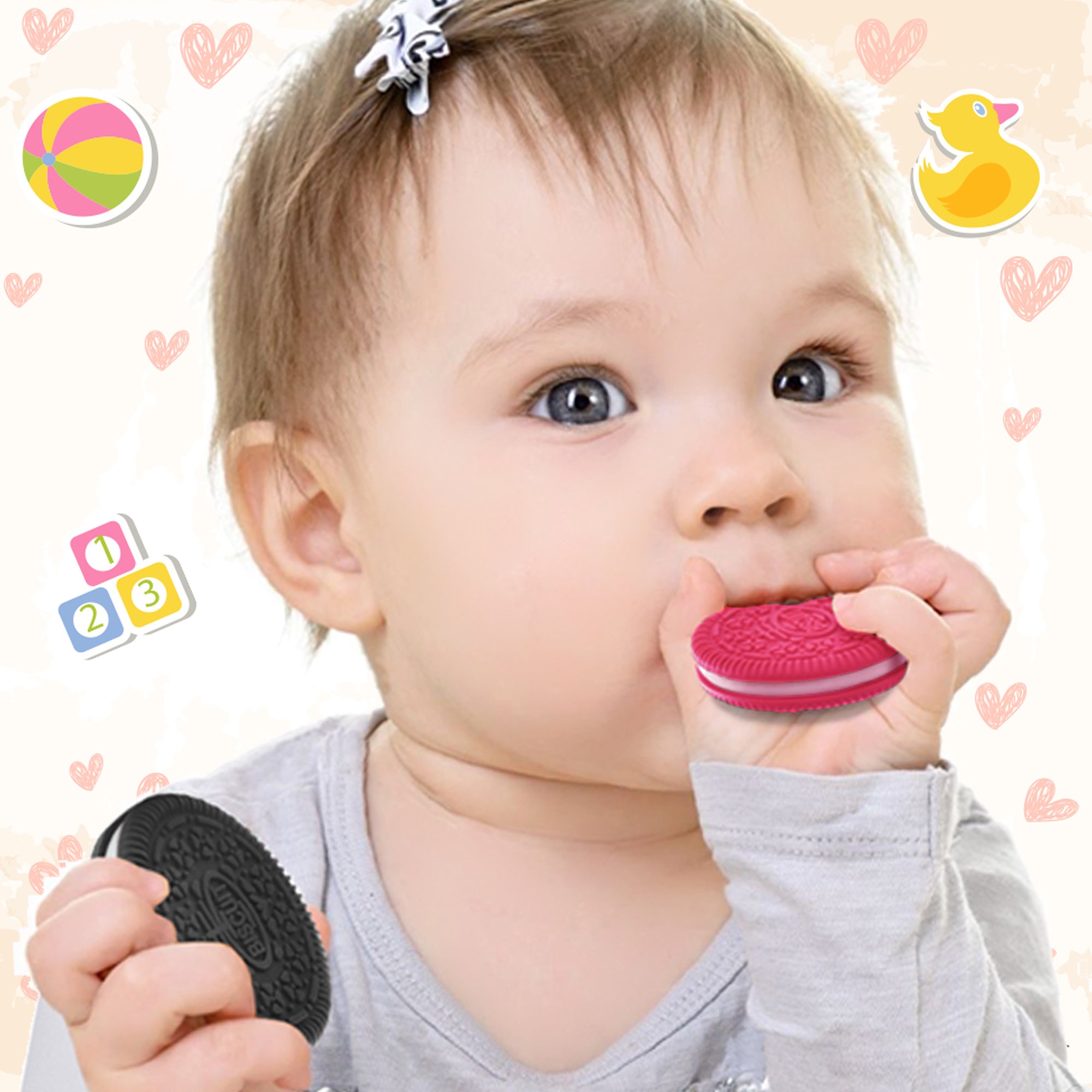 Bebe Silicone Baby Teether Toys & Gum Massagers, 1 Hard & 1 Soft Cookies & Raspberry