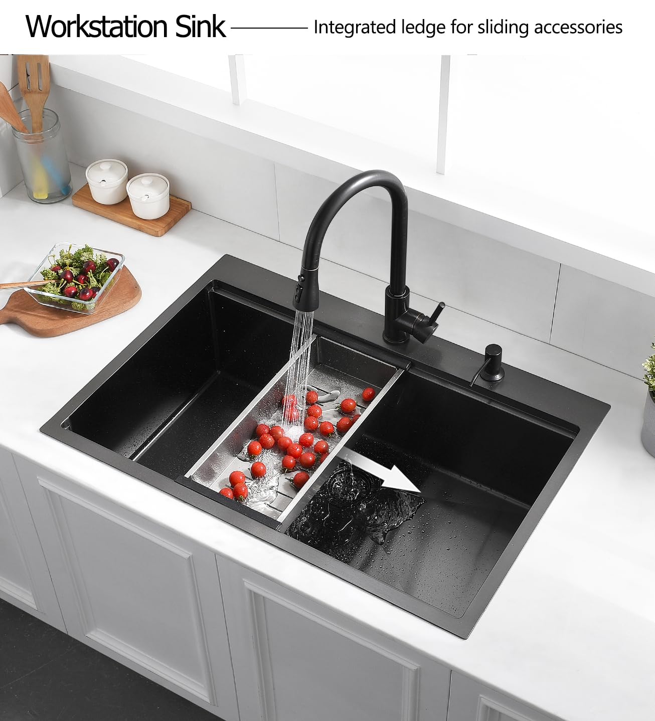 33 Drop In Black Workstation Kitchen Sink, Luckyhorse 33x22 16 Gauge Gunmetal Black Stainless Steel Sink Drop In Workstation Kitchen Sink LH007SB