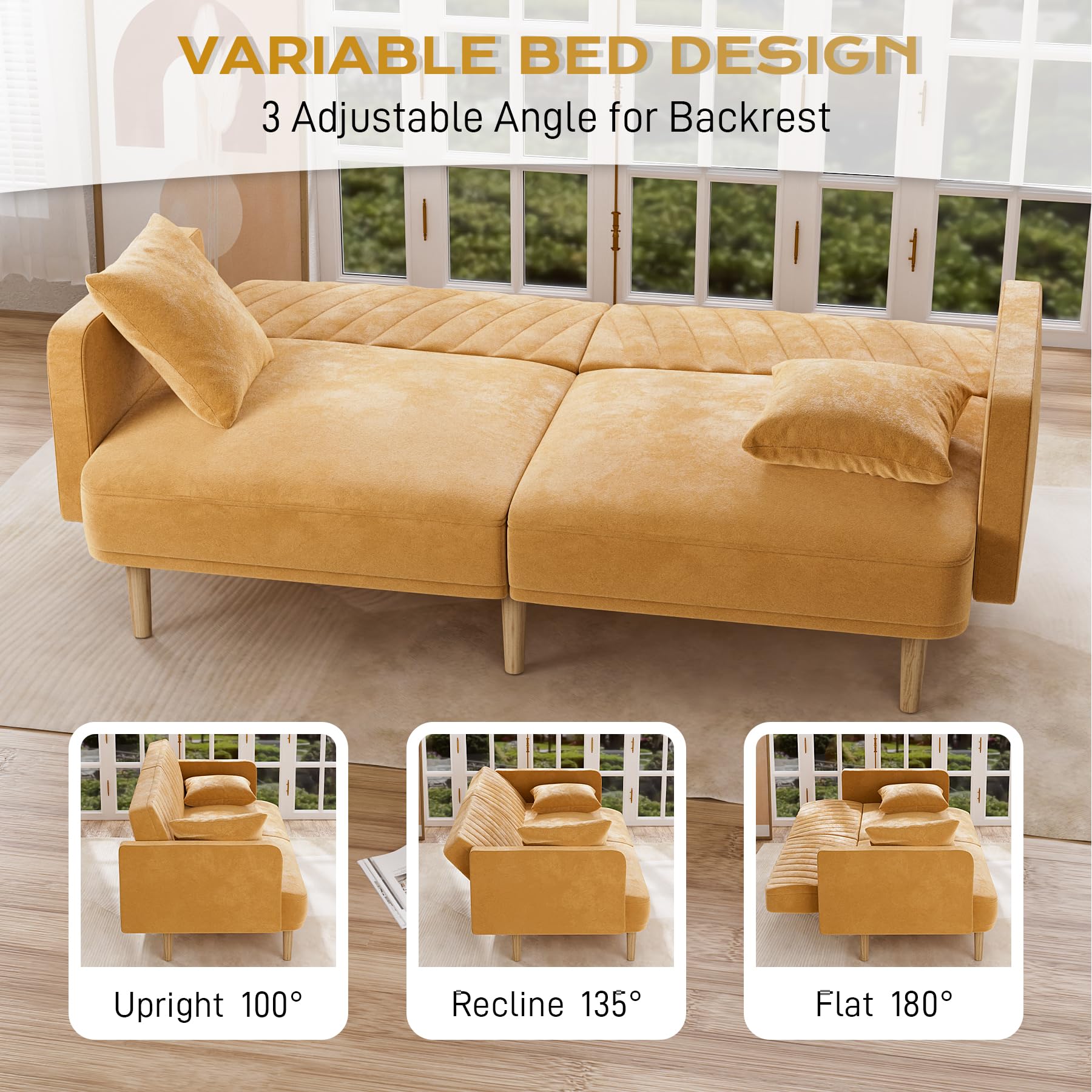 OUYESSIR Futon Sofa Bed, 75.3", Couch, Small Sofa, Sleeper Sofa, Loveseat, Mid Century Modern Velvet Futon Couch with 2 Pillows for Living Room (Yellow Velvet, Futon)