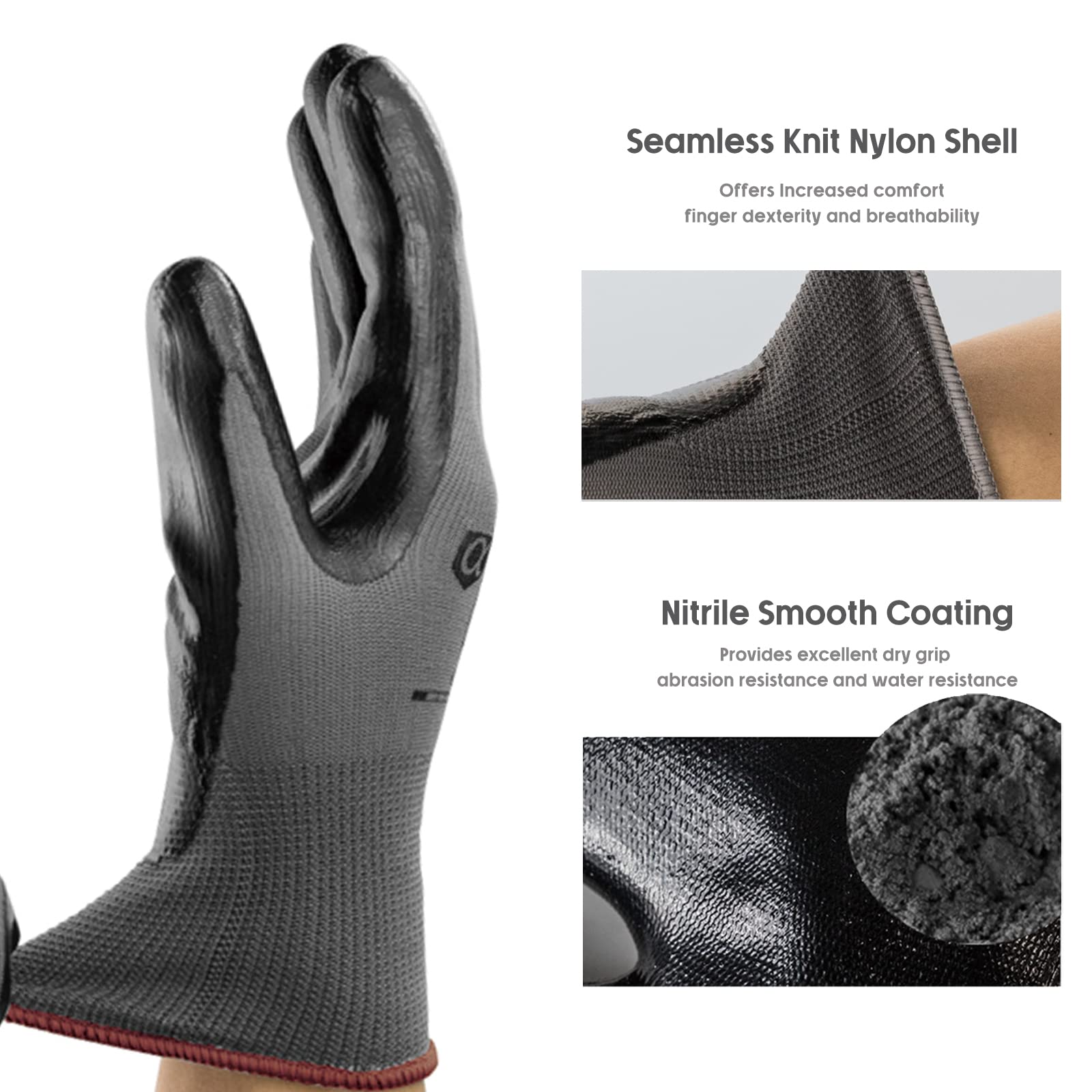 ANDANDA 12 Pairs Work Gloves, Smart Touch, 3D Comfort Stretch Fit, Nitrile Coated Work Gloves with Grip, Seamless Knit Nylon Work Gloves Men Suitable for Warehousing, Logistics, Handling, Black(XL)