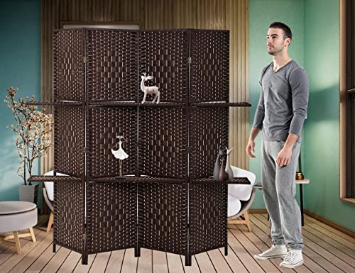4 Panel Room Dividers and Folding Privacy Screens, 71 Inch High Hand-Woven Design Room Divider Folding Wall Dividers with Shelves, Portable Partition Screen for Room,Freestanding Room Separator, Brown