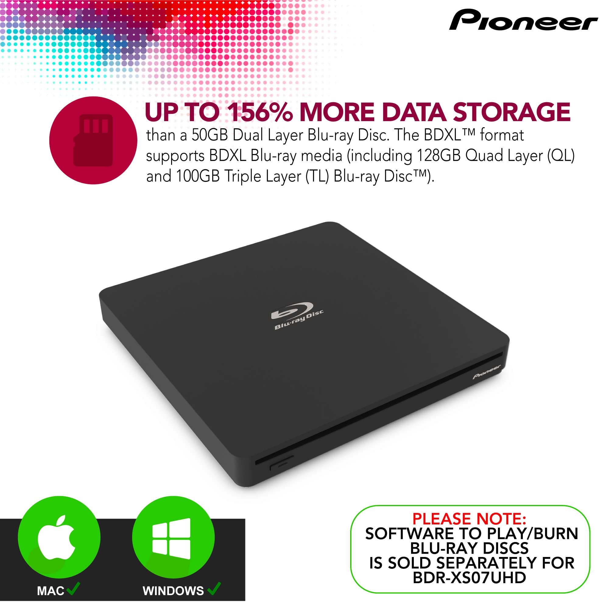 Pioneer BDR-XS07UHD 4K Blu-Ray Portable Burner & DVD Player - 6X Slim External BDXL, BD, DVD & CD Drive for Windows & Mac w/ 3.0 USB, CD Player, Write & Read on Laptop or Desktop w/ Carry Case (Black)