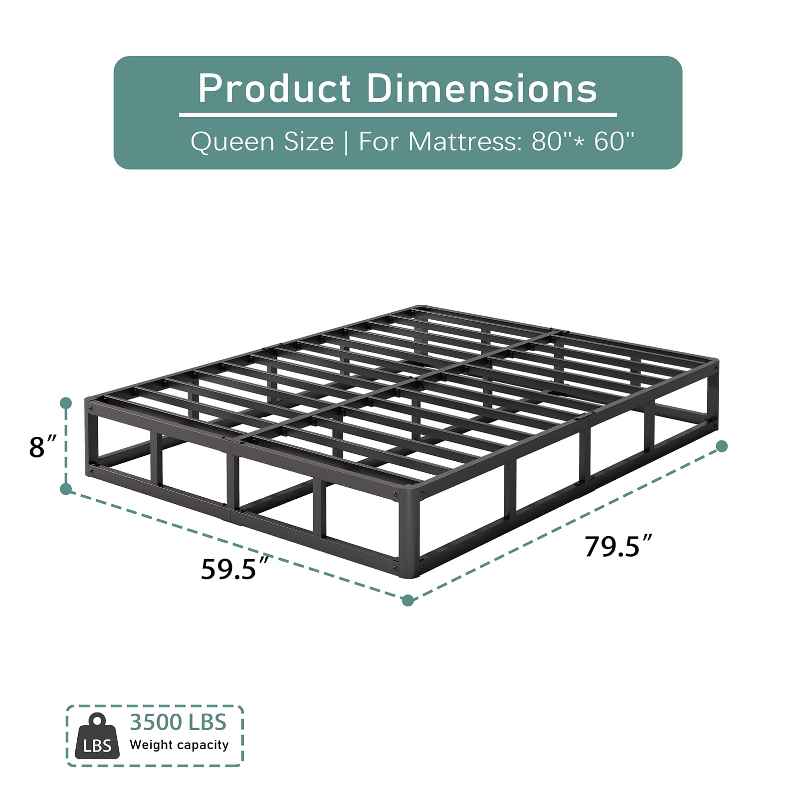 Askeld Bed Frame Queen Size, 4 Inch Metal Queen Box Spring with Fabric Cover, Heavy Duty Platform Frame Low to Floor, 3500 Lbs Weight Capacity Mattress Base, Easy Assembly, Black