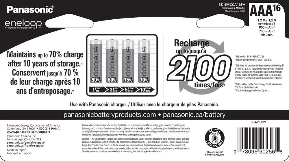 Eneloop Panasonic AAA 2100 Cycle Ni-MH Pre-Charged Rechargeable Batteries, 16 Pack & BQ-CC55SBA Advanced Individual Battery 3 Hour Quick Charger with 4 LED Charge Indicator Lights, White