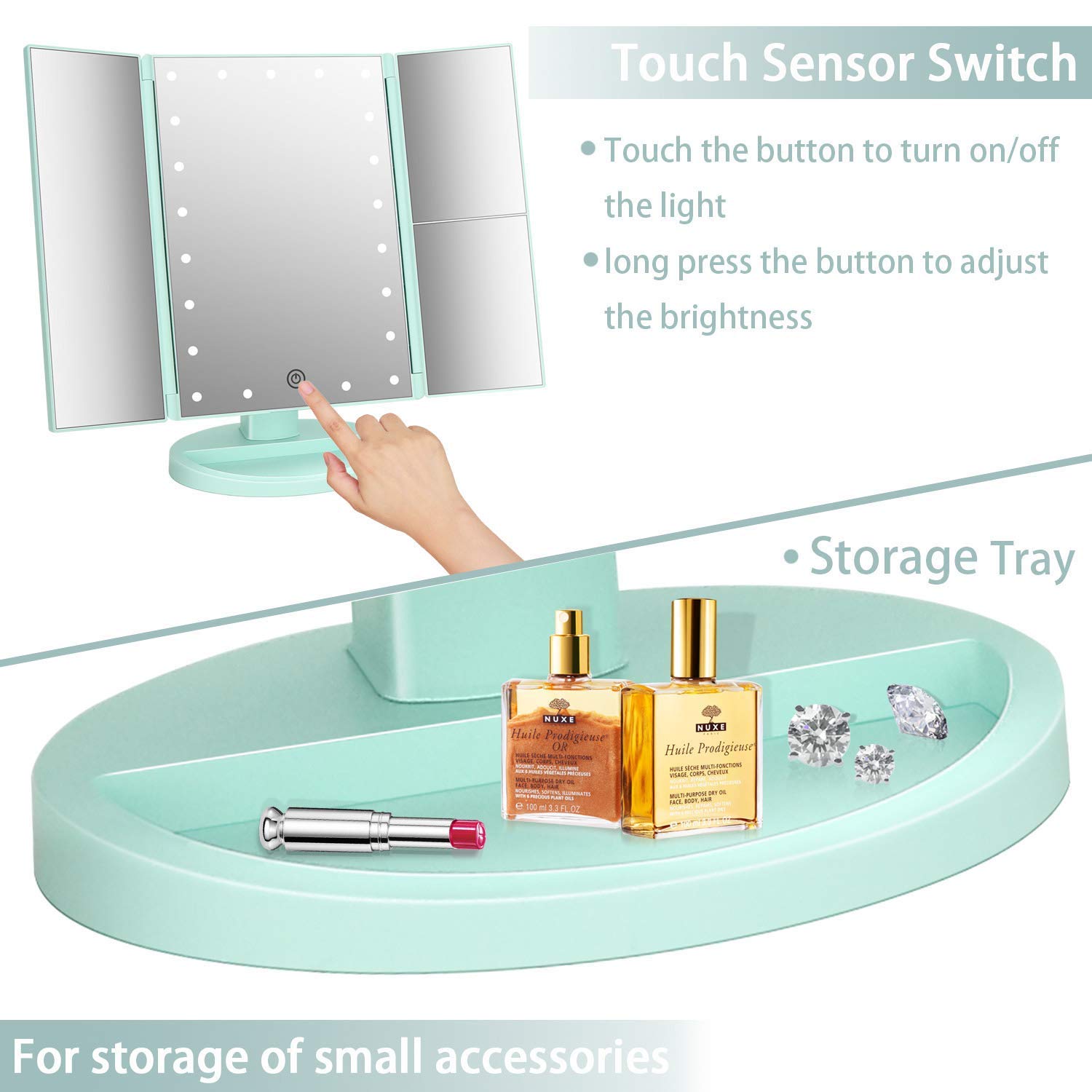 Flymiro Tri-fold Lighted Vanity Makeup Mirror with 3x/2x Magnification,21 LEDs Light and Touch Screen,180 Degree Free Rotation Countertop Cosmetic Mirror,Travel (Green)