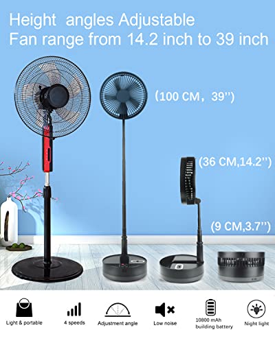Foldable Fan Foldaway Oscillating with Remote Control, 10800mAh Battery Operated Fan, Portable Standing for Outdoor, Courtyard, Beach,Travel, Room,4 Speeds, with Timer night light (Black)