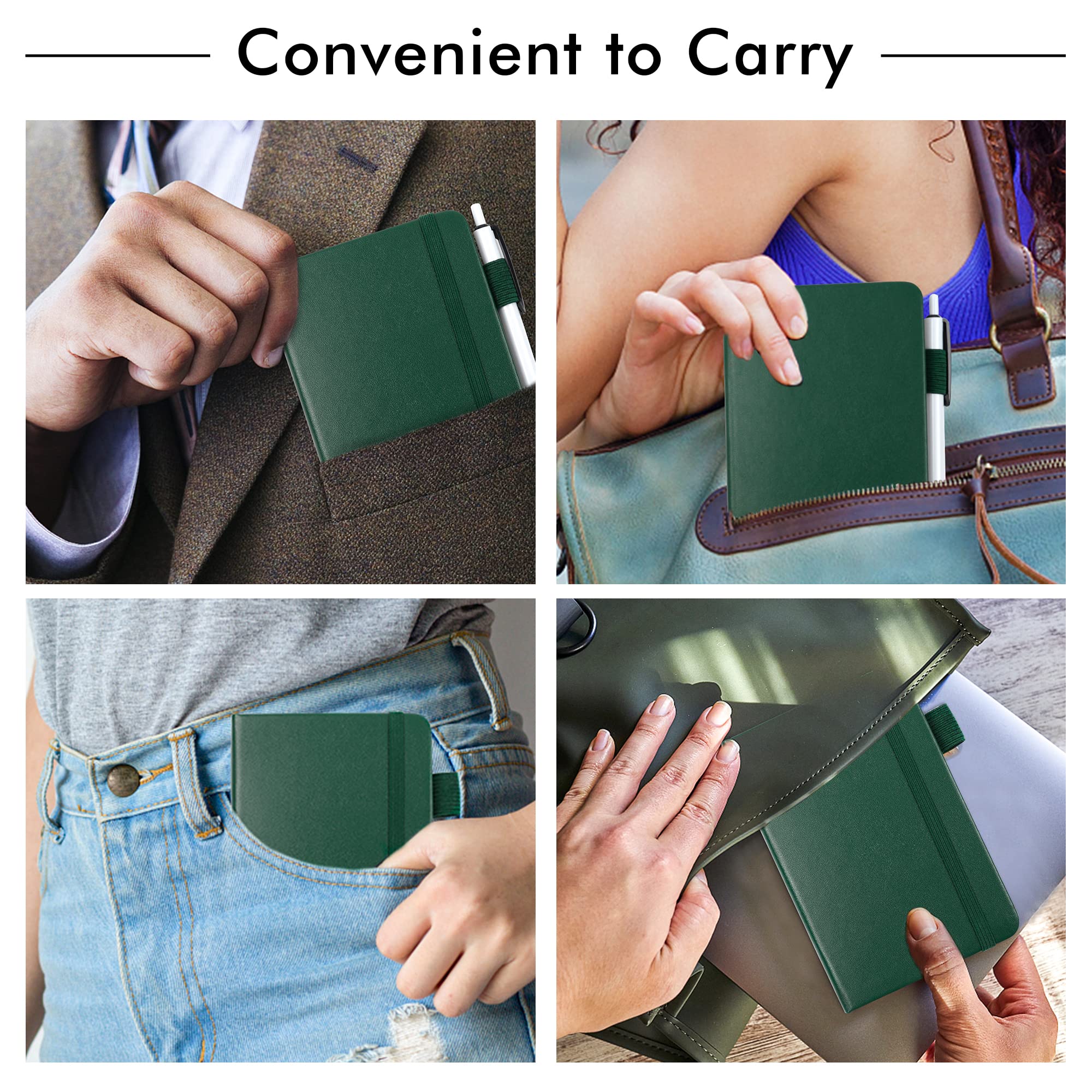 15 Pack Pocket Small Notebooks Bulk, Feela Mini Cute Notepads Hardcover College Ruled Lined Journals with Pen Holder for School Business Memos, with 15 Black Pens, 3.5”x 5.5”, A6, Dark Green