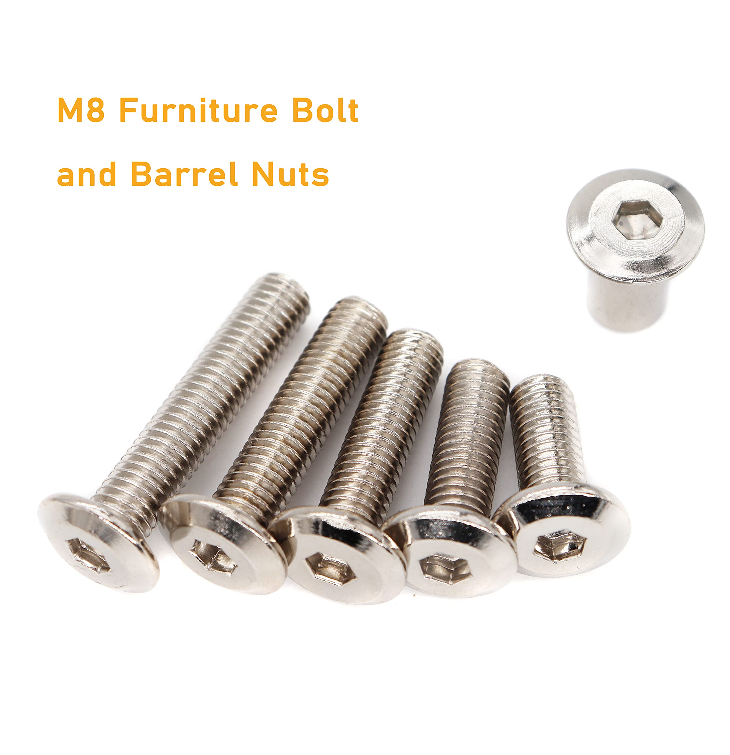 binifiMux 50pcs M8x20mm/25mm/30mm/35mm/40mm Rivet Countersunk Hex Socket Cap Bolts and Hex Head Barrel Nuts Assortment Kit for Furnitures Cribs Chairs, Nickel Plated