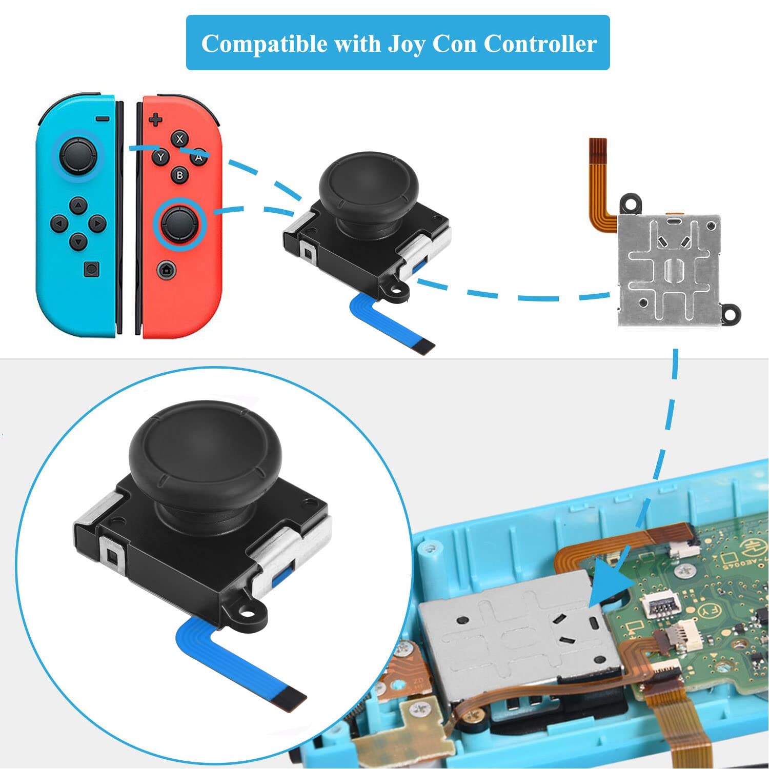 3D Replacement Joystick Analog, Thumb Stick for Nintendo Switch, 2-Pack Analog Joystick Replacement with 2pcs Thumb Stick Caps & Screws (Black)
