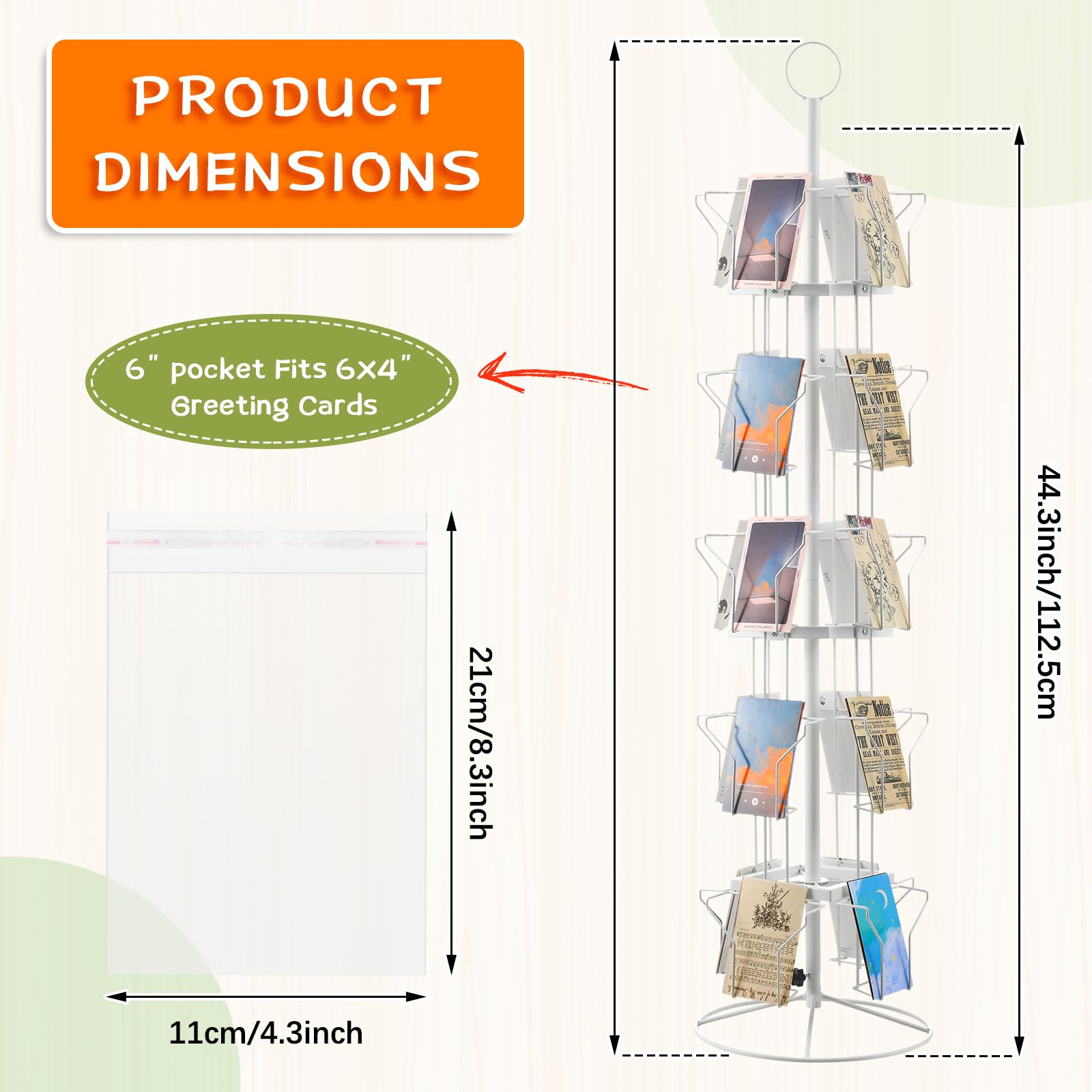 20 Pockets Countertop Rotating Greeting Card Display Rack with 200 Cellophane Bags Plastic Clear Cello Bags 5 Tier Metal Card Display Stand Spinning Postcard Rack for Thrift Retail Grocery(White)