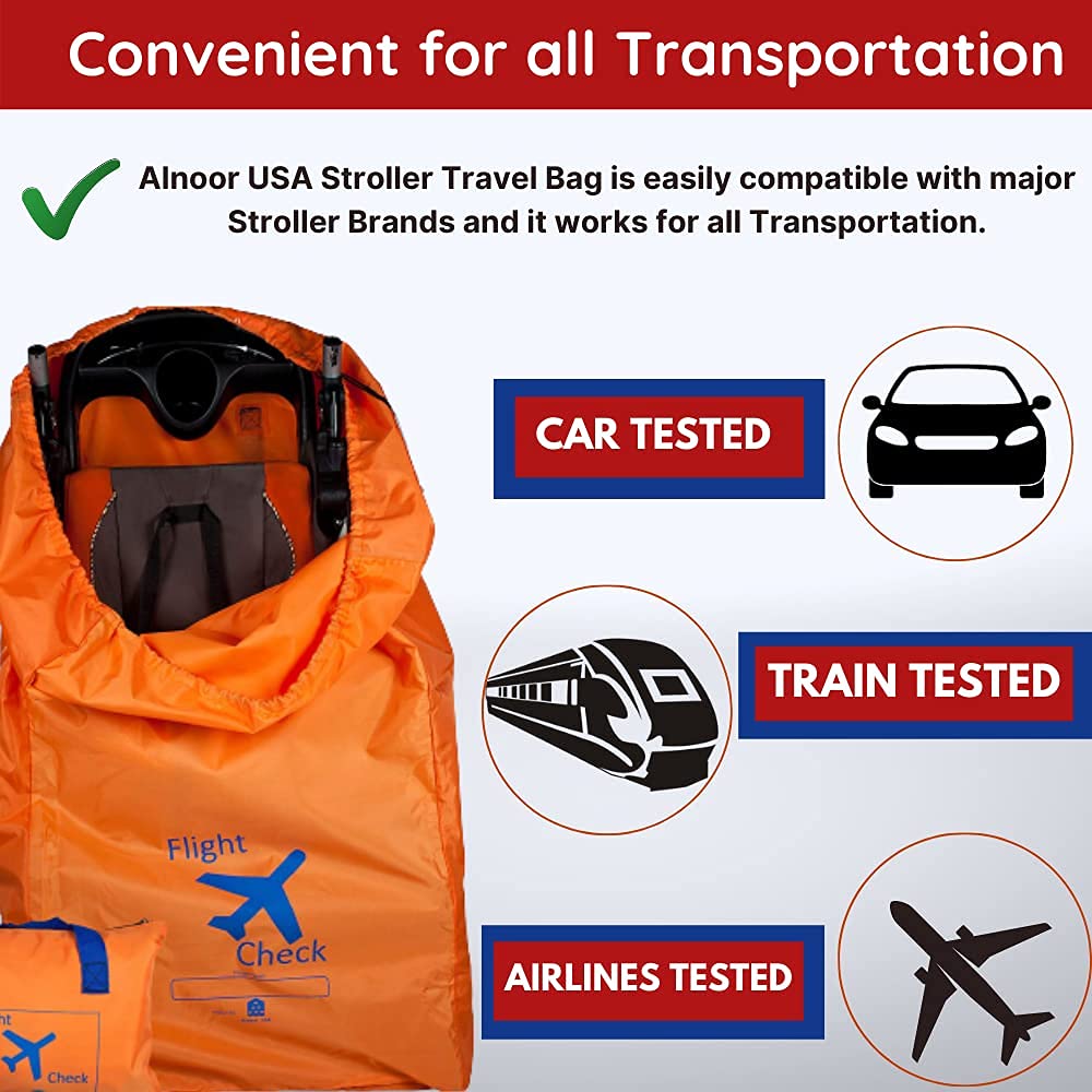 Alnoor USA Gate Check Bag for Single & Double Stroller Travel Bag for Air Plane | Extra Large & Ultra Durable - Includes Padded Shoulder Straps for Comfort & Durability With Pouch β Bonus E-Book