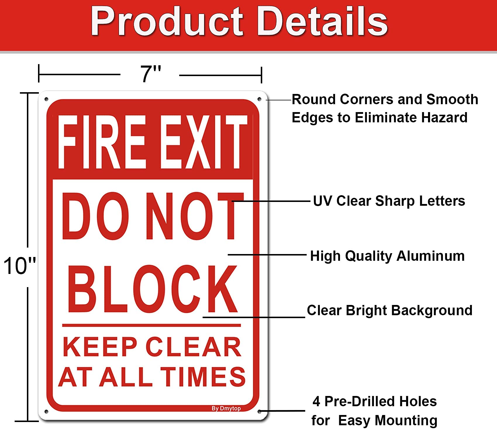 Fire Exit Sign, Do Not Block Door Signs, Keep Clear at All Times Sign, 10 x 7 Inches Rust Free Aluminum, Weather/Fade Resistant, Easy Mounting, 2 Pack