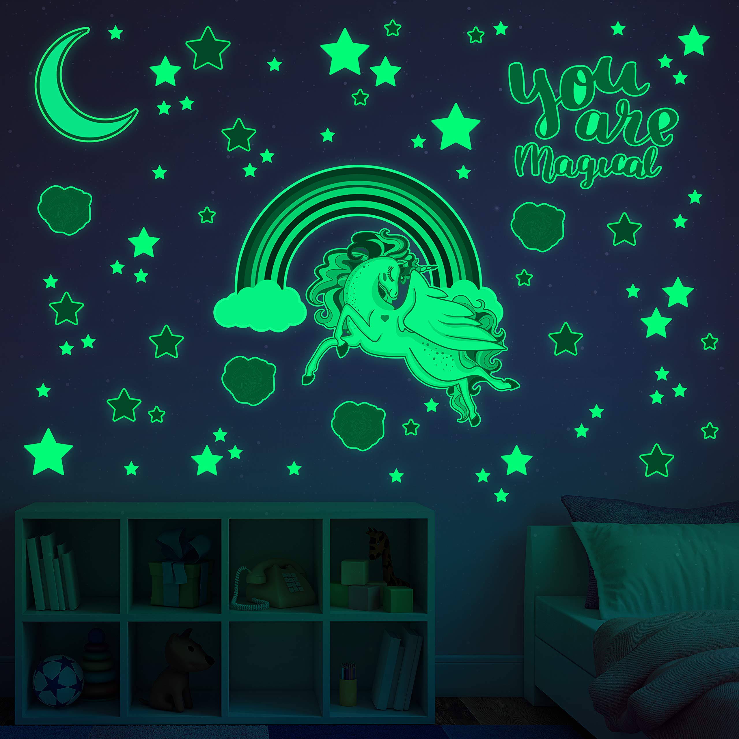 Glowing Snuggles Glow in The Dark Decals - Large Unicorn Rainbow Stars Moon Wall Sticker Set for Kids -Unicorn Bedroom Decor for Girls - Unicorn Gifts for Girls (12/7 New & Improved glow and stick)