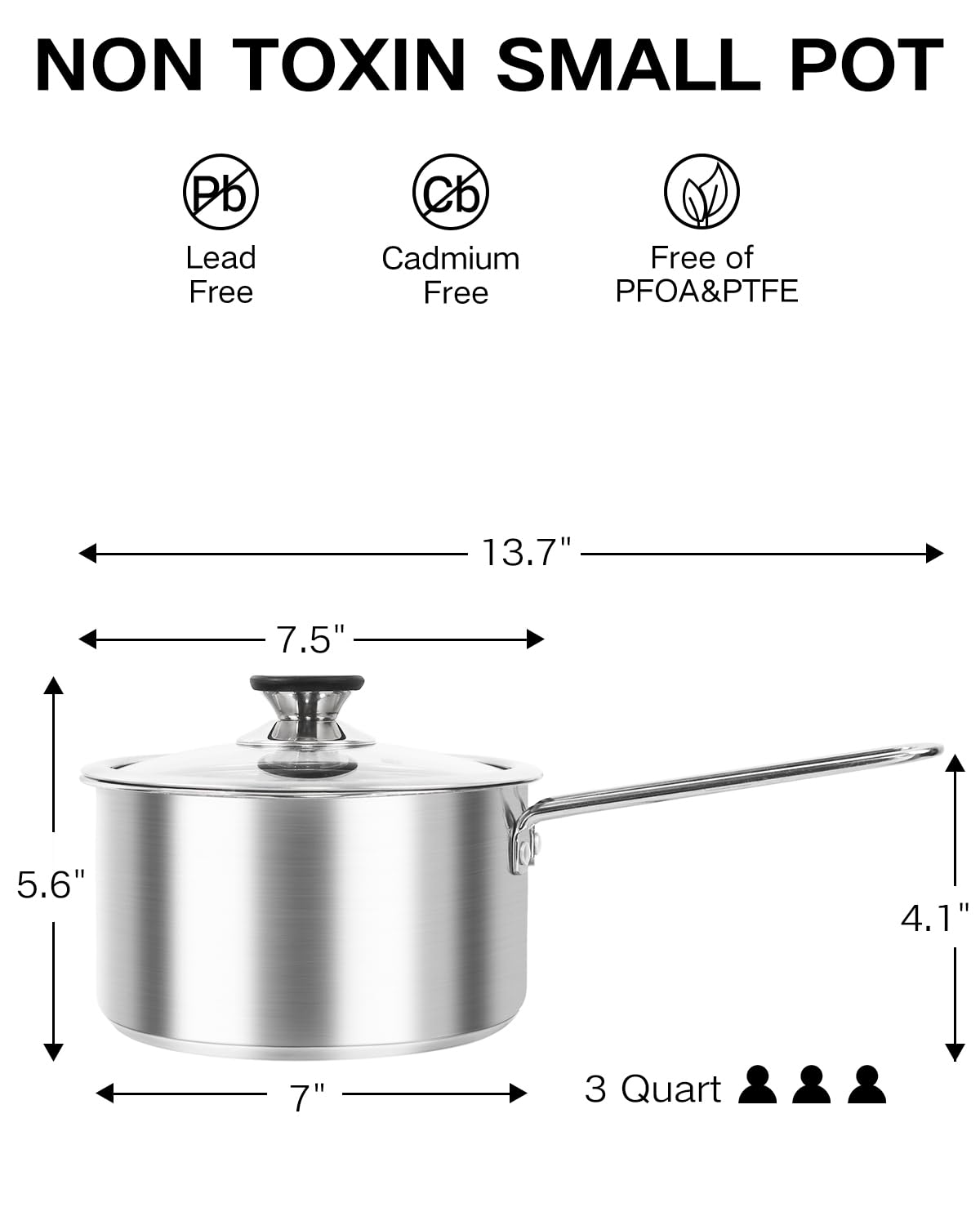 3 Quart Saucepan with Lid, Bakpoco [Clad Bonded] Stainless Steel Pot for Cooking/Boiling, Non-toxic Pasta/Milk/Sauce Pan Small Stockpot with Glass Lid, Dishwasher-Safe Induction Cookware