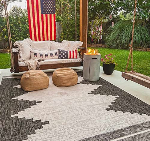 Hauteloom Djugun Outdoor Area Rug - Outside Porch Patio Rug Carpet - Waterproof Rug - Geometric - Black, Gray, Off White, White - 7'10" x 10'2"