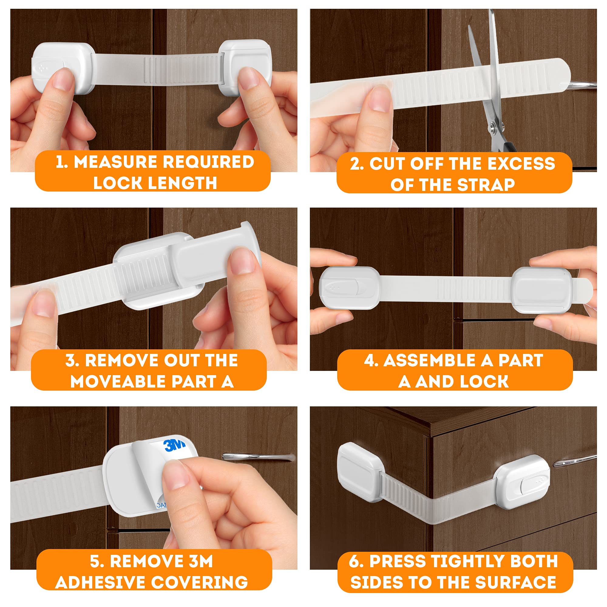 Baby Safety Cabinet Locks (6 Pack + 4 Guards) 3M Adhesive Child Proofing Latches, to Baby Proof Cupboard, Drawers, Fridge, Toilet Seat, Dishwasher, Adjustable Kids Proofing Straps