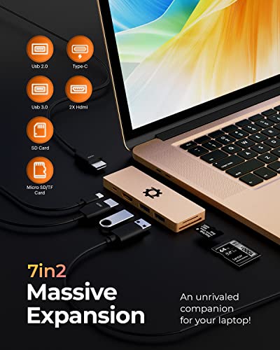 NOV8Tech USB C Hub Dual 4K HDMI Triple Display USB Hub 3.0 Adapter for MacBook Pro 2020/2019/2018/2017/2016 & MacBook Air 2020-2018, 7 in 2 Gold 100W USB C Dock, SD & Micro SD Reader, USB 3 & USB 2