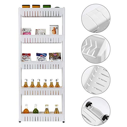 5.1in Slim Rolling Storage Cart on Wheels Narrow Plastic Shelf Unit Movable 5-Tier Thin Storage Utility Cart Rack for Bathroom, Bedroom, Office, Kitchen, Living Room (White, 5-Tier)