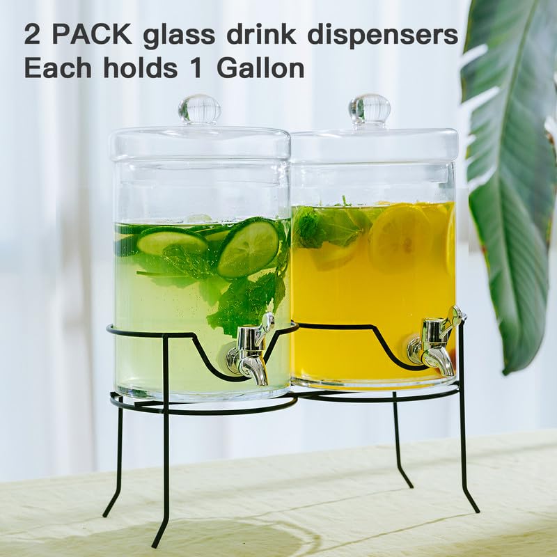 2 Pack Drink Dispenser with Stand Beverage Dispenser Each 1 Gallon Glass Drink Dispensers for Parties Lemonade Sangria Dispenser Mason Jar Drink Dispensers