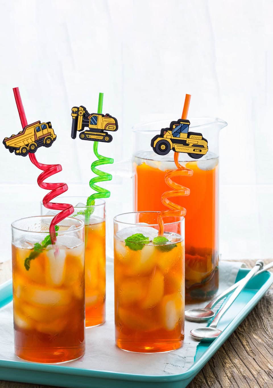 24 Construction Excavator Theme Reusable Drinking Plastic Straws 8 Designs Include Excavator, Front Loader, Road Roller Perfect for Kids' Birthday Party Supplies Party Favors with 2 Cleaning Brushes