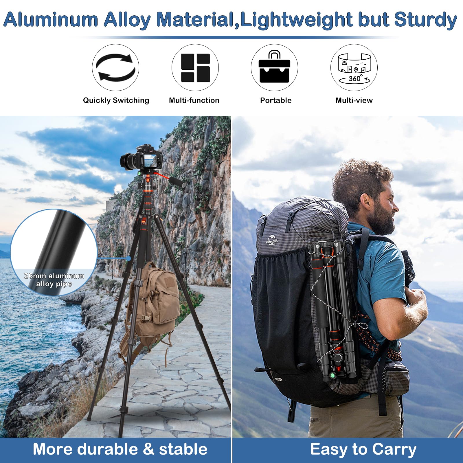 2 in1 Lightweight Video Camera Tripods • 68" Tripod for Camera and Camcorder • 360° Ball Head Tripod with Removable Handle • Extra 1/4" QR Plate and Phone Holder • Compatible with Canon Nikon Sony