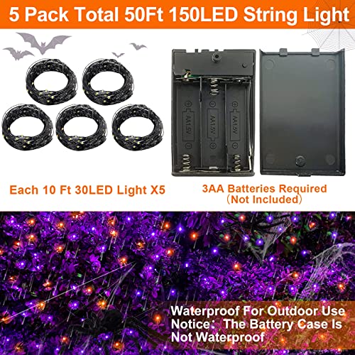 5 Pack Halloween String Lights Decor, Timer, Total 150 LED 50 Ft Battery Operated Copper Wire Purple Orange Fairy Lights Halloween Decorations Outside Yard Home Indoor Outdoor,30 LED 10 Ft Each