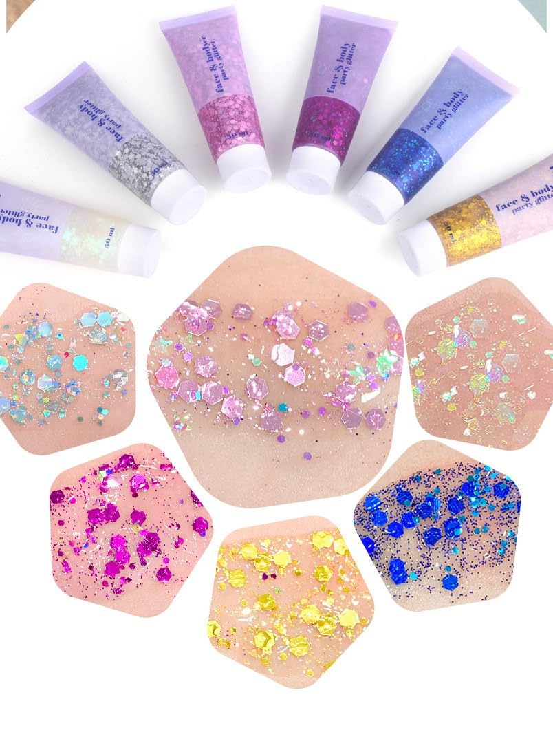 2 Pack Face and Body Glitter, Chunky Glitter for Nail and Hair Glitter Gel Festival Essentials Sparkling Holographic Highlighter Makeup. (01-Blue & 06-White Moonbeam)