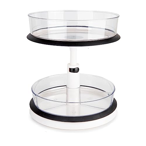2-Tier Lazy Susan Turntable and Height Adjustable Cabinet Organizer with 1x Large Bin and 3 x Divided Bins, Removable, Clear Spice Rack