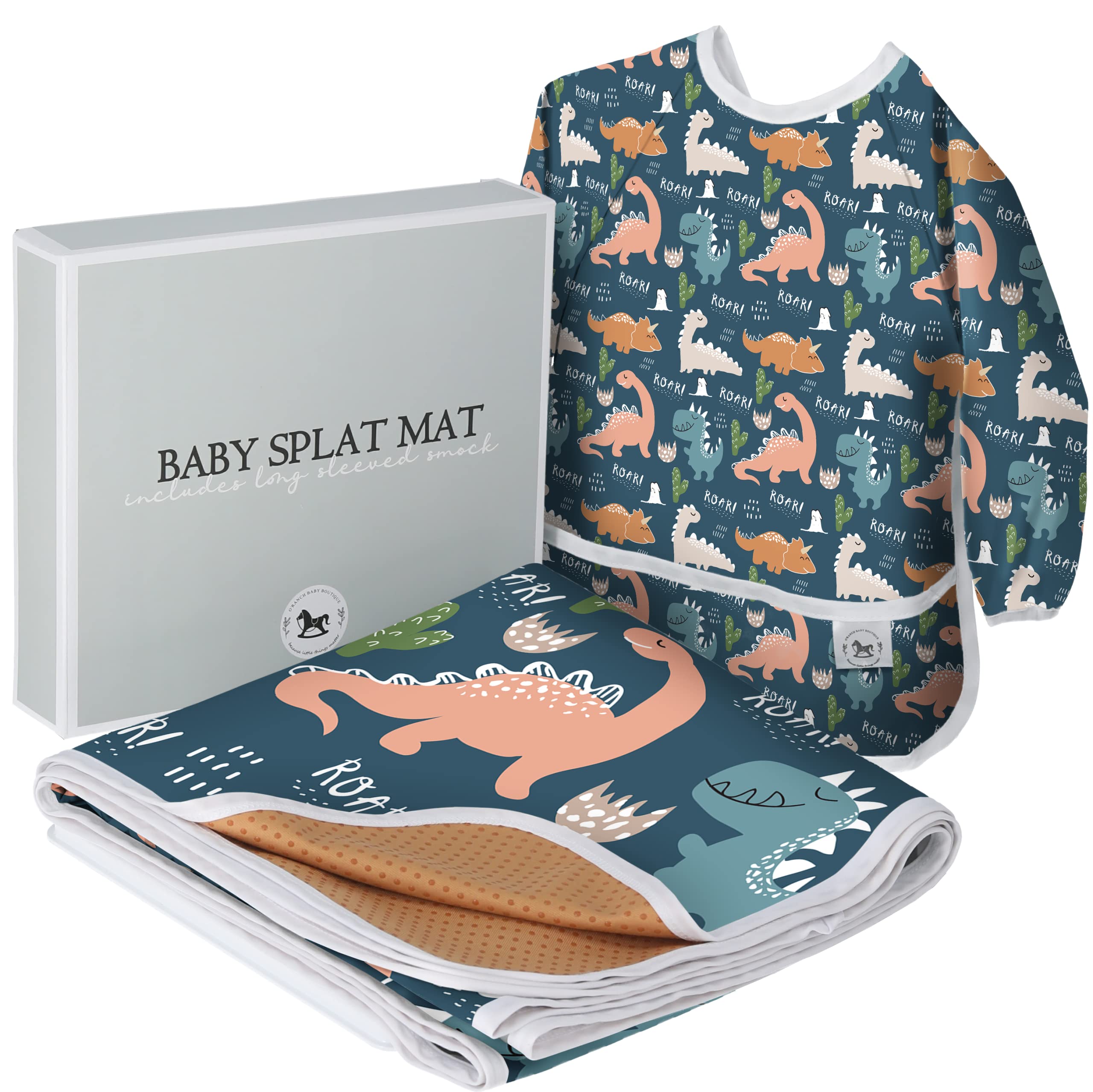 Baby Splat Mat for Under High Chair Floor Mat - Splash Mat, Waterproof Floor Mat - Anti Slip, Washable, Extra Large (51 Inch) + Baby Bib with Sleeves - Dinosaur