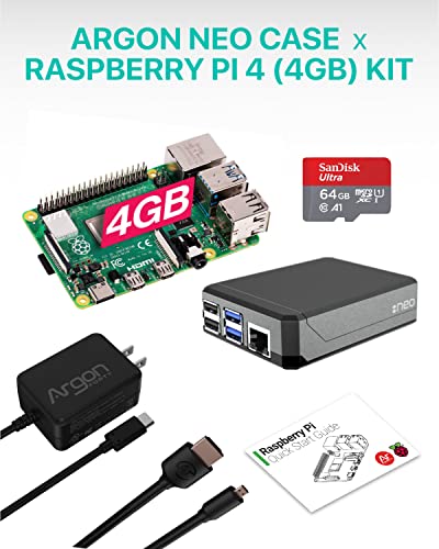 Argon NEO x Raspberry Pi 4 4GB Kit | Aluminum Case | 64 Gig SD Card | Micro HDMI to HDMI Cable | 18W Type-C Power Supply | Quick Start Guide
